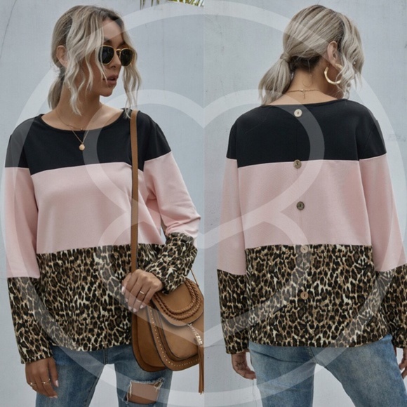 Tops | Leopard Print Color Block Button Back Deta | Poshmark